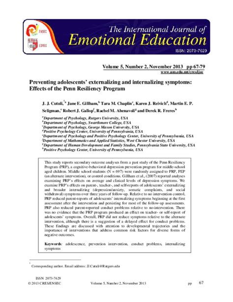 Pdf Preventing Adolescents Externalizing And Internalizing Symptoms Effects Of The Penn