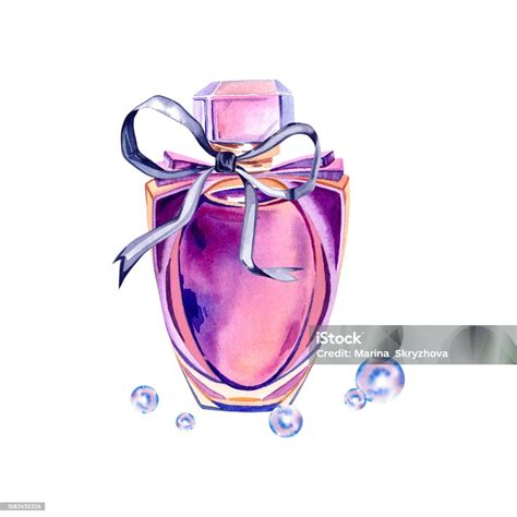 오 드 뚜왈렛은 회색 활과 진주가 있는 분홍색입니다 여성용 향수 고립된 배경에 수채화 그림 아름다움과 패션 꽃의 향기로운 냄새