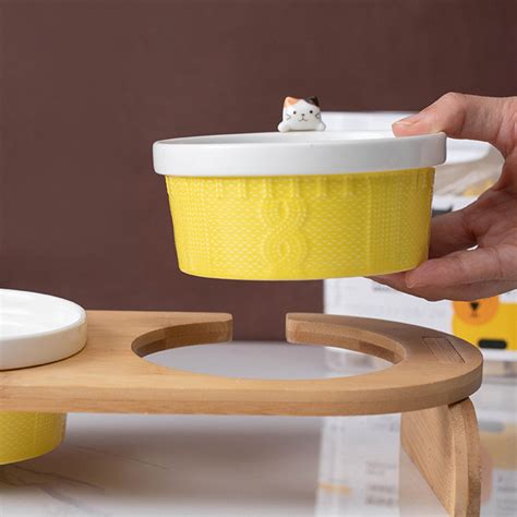 Badu Bg Двойни купи за котки Керамични хранилки за вода за храна за домашни любимци с дървена