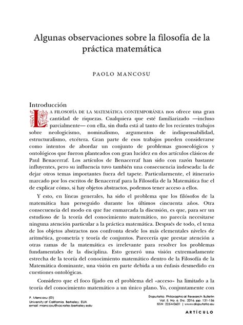 Mancosu Algunas Observaciones Sobre La Filosofía De La Práctica