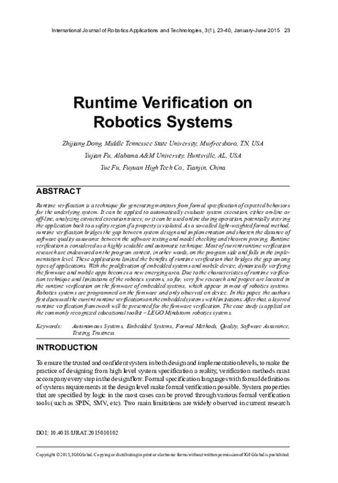 Pdf Runtime Verification On Robotics Systems