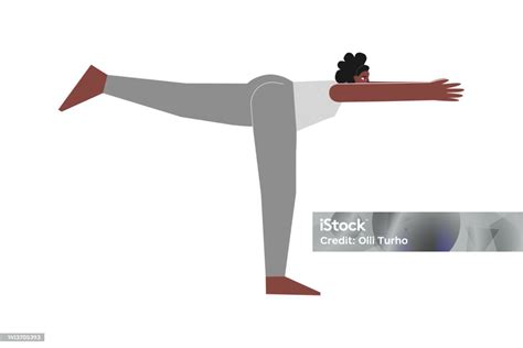 여성 캐릭터가 있는 벡터 일러스트레이션 스포티한 아프리카 계 미국인 여성은 요가 수업에서 균형 자세 Virabhadrasana Iii를 배웁니다 피트니스 운동 워리어 3