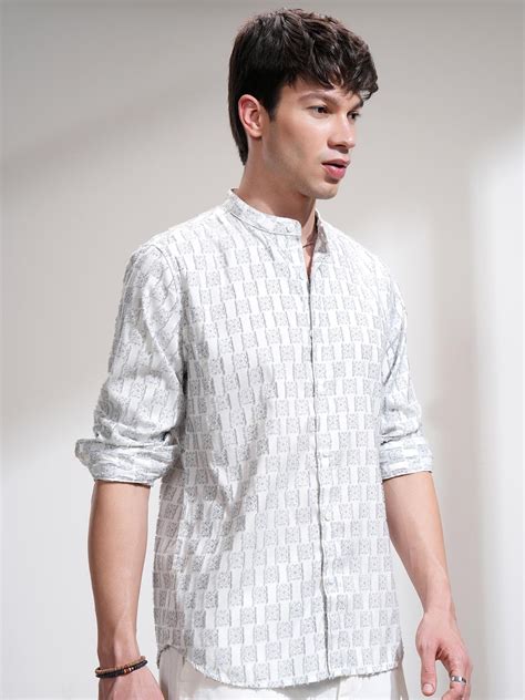 Buy Highlander Men Geometric Jacquard Mandrin Collar Shirt Shirts For
