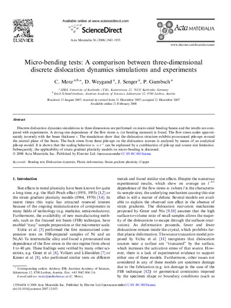Pdf Micro Bending Tests A Comparison Between Three Dimensional Discrete Dislocation Dynamics