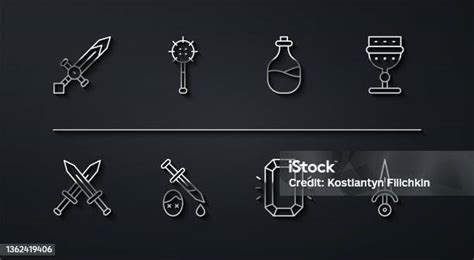 세트 라인 중세 칼 교차 중세 잔 다이아몬드 피가 있는 검 체인 메이스 볼 단검 와인 아이콘의 올드 병 벡터 강철에 대한 스톡 벡터 아트 및 기타 이미지 Istock