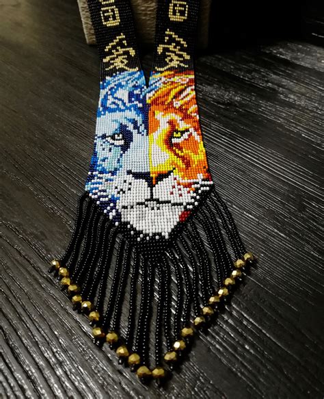 Lion Head Beaded Gerdan Necklace Ukrainian Art Tassel Fringe Jewelry