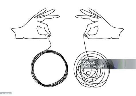 얽히고설킨 풀리지 않은 문제들을 풀어내는 연속적인 손길 무질서한 어려운 문제의 은유 흰색에 고립된 풀어야 할 검은 단일 연속 얽힌 실로 엉망이 된 것 개념에 대한 스톡 벡터