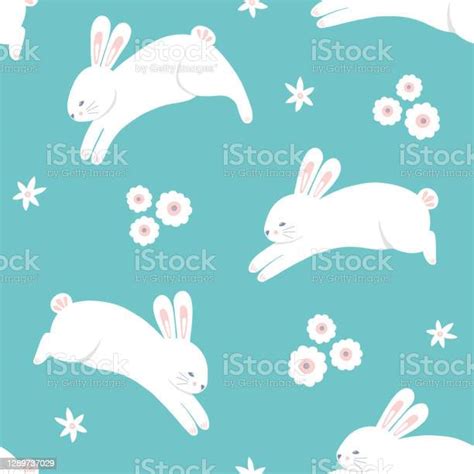 부활절 토끼 패턴 배경 꽃으로 뛰어 봄 토끼의 귀여운 벡터 원활한 반복 디자인 0명에 대한 스톡 벡터 아트 및 기타 이미지 0명 3월 계절 Istock