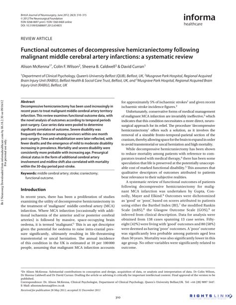 Pdf Functional Outcomes Of Decompressive Hemicraniectomy Following Malignant Middle Cerebral