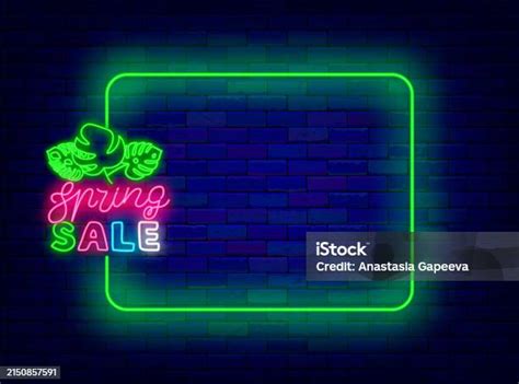 봄 세일 네온 전단지 빛나는 인사말 카드입니다 빈 녹색 프레임과 열대 나뭇잎이 있는 타이포그래피 벡터 일러스트 레이 션 3월에 대한 스톡 벡터 아트 및 기타 이미지 Istock