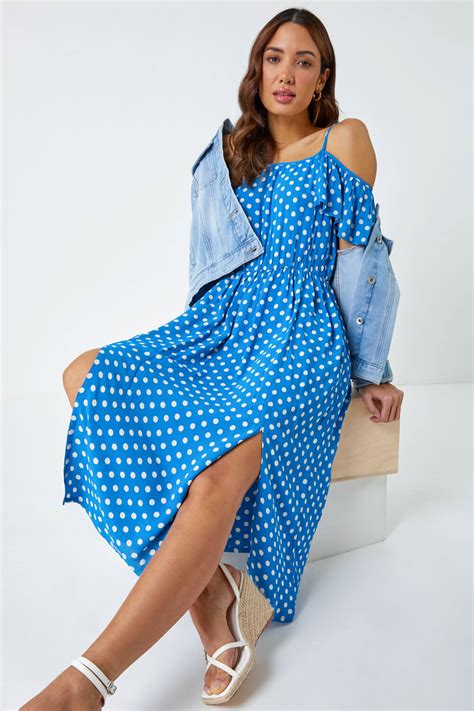 Light Blue Cold Shoulder Polka Dot Midi Dress Roman Uk