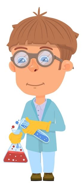 똑똑한 소년 과학자 아이 만들기 화학 실험 흰색 배경에 고립 프리미엄 벡터