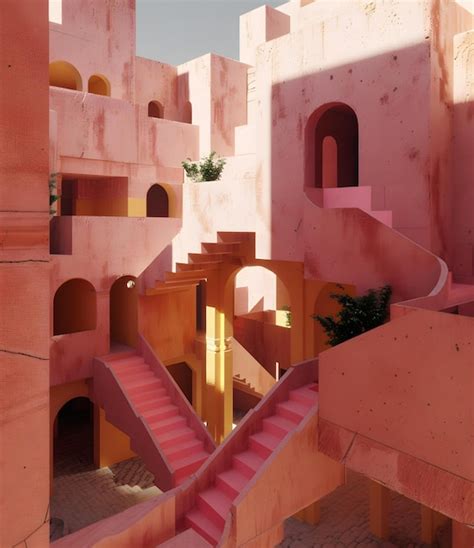 Premium Photo Abstract Architecture With Pink Walls And Staircases