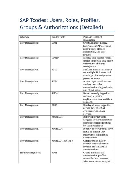 Sap User Role Auth Tcodes Detailed Pdf Computer Science Information Technology Management