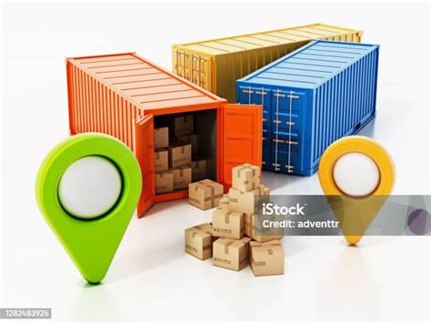 흰색 배경에 격리된 화물 컨테이너 상자 및 내비게이션 마커 지도 핀 아이콘에 대한 스톡 사진 및 기타 이미지 지도 핀 아이콘 화물 컨테이너 내비게이션 Istock