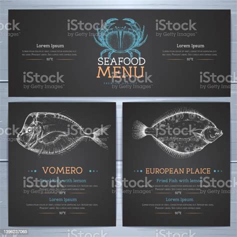 손으로 그리는 물고기와 함께 해산물 레스토랑 메뉴 디자인을 그리는 초크 벡터 일러스트 레이 션 갈고리 발톱에 대한 스톡 벡터 아트 및 기타 이미지 Istock