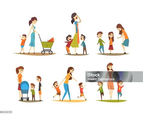 많은 아이들과 함께 피곤한 엄마가 설정합니다 야외에서 아이들과 함께 걷는 어머니 만화 벡터 일러스트 레이 션 가족에 대한 스톡 벡터 아트 및 기타 이미지 Istock