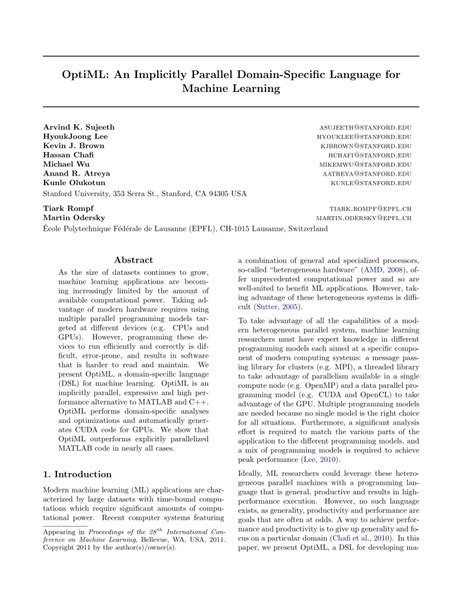 pdf optiml an implicitly parallel domain specific language for machine learning