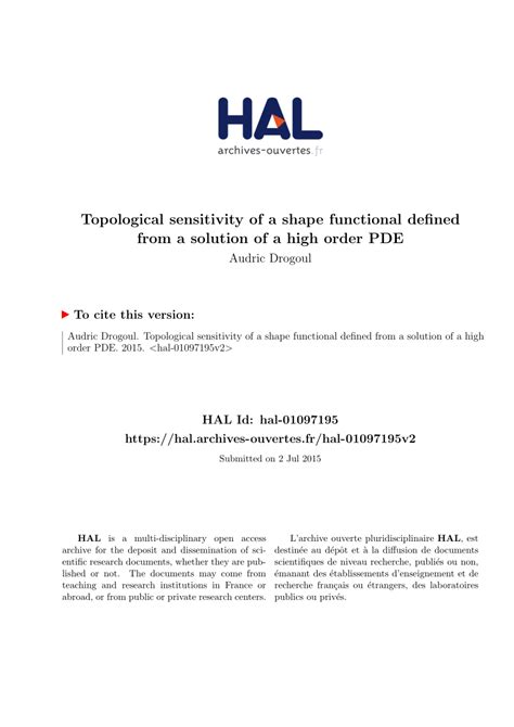 Pdf Topological Sensitivity Of A Shape Functional Defined From A Solution Of A High Order Pde