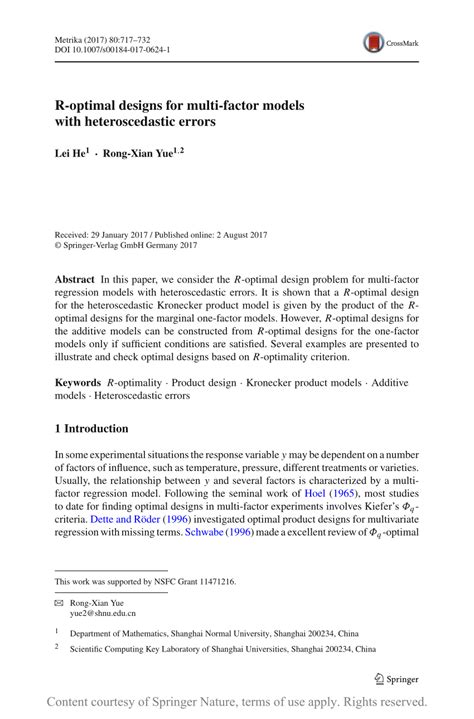 R Optimal Designs For Multi Factor Models With Heteroscedastic Errors Request Pdf