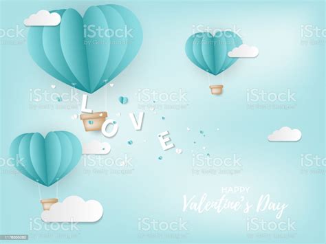 구름과 해피 발렌타인 데이 텍스트와 푸른 하늘에 푸른 심장 모양 열기구와 작은 파란색과 흰색 마음에서 떨어지는 사랑 텍스트의 발렌타인 데이 배경 사랑과 발렌타인 데이 종이