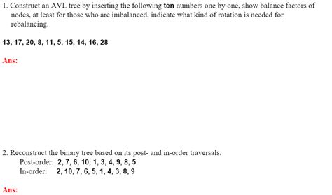 solved 1 construct an avl tree by inserting the following