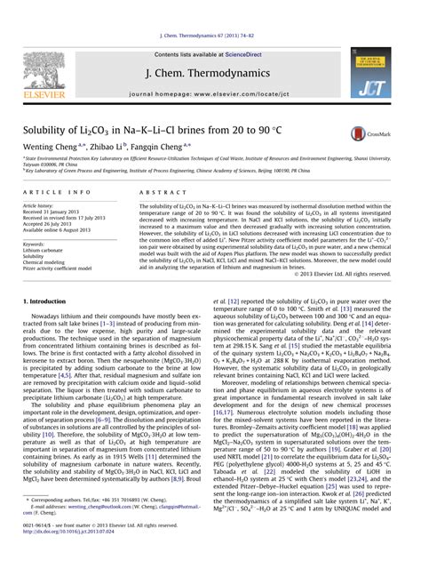 Pdf Solubility Of Li2co3 In Na K Li Cl Brines From 20 To 90 Degrees C