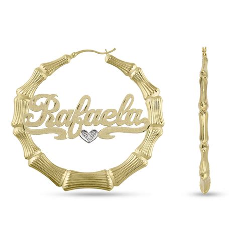 Ladies Script Diamond Heart Name Plate Bamboo Hoop Earrings 14k Gold