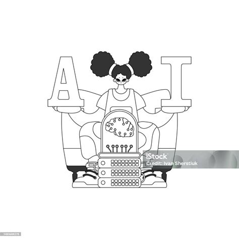 Girl Grasps Ai Letters Ais Theme Expressed In Linear Vector Style Stock