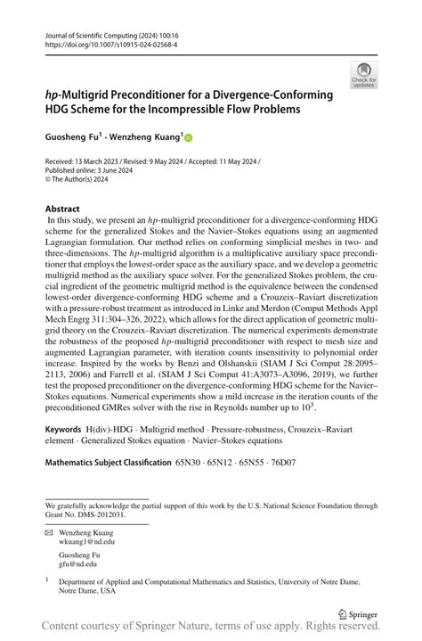 Pdf Hp Multigrid Preconditioner For A Divergence Conforming Hdg Scheme For The Incompressible