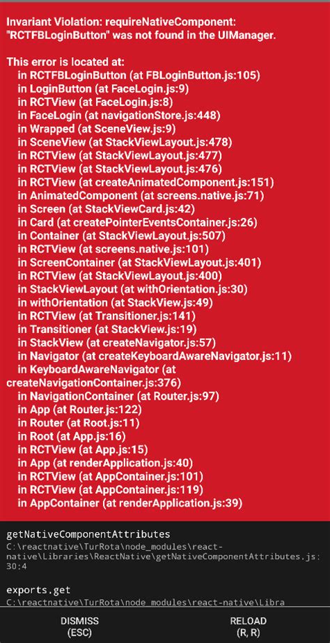 invariant violation requirenativecomponent rctfbloginbutton was not found in the uimanager