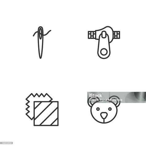 세트 라인 테디 베어 봉제 장난감 레이어 의류 직물 실과 지퍼 아이콘으로 바느질 바늘 벡터 개념에 대한 스톡 벡터 아트 및 기타