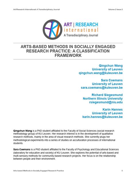 Arts Based Methods In Socially Engaged Research Practice A Classification Framework Pdf