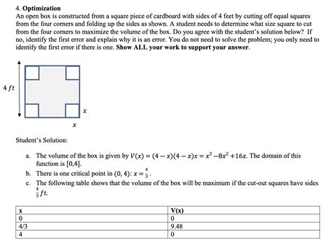 Solved 4 Optimization An Open Box Is Constructed From A