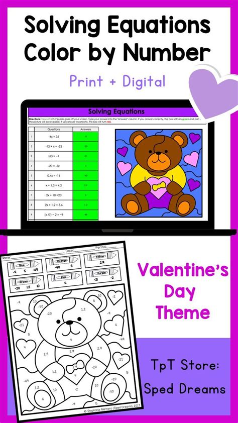 Solving Equations Color By Number Valentines Day Theme Digital And Print Solving Equations