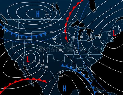 Forecast Weather Isobar Night Map Of Usa Stock Illustration