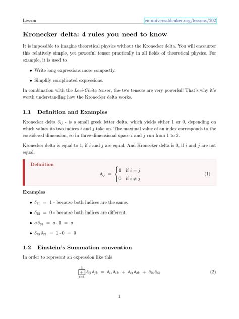 Kronecker Delta 4 Rules You Need To Know 1 1 Definition And Examples Pdf Summation