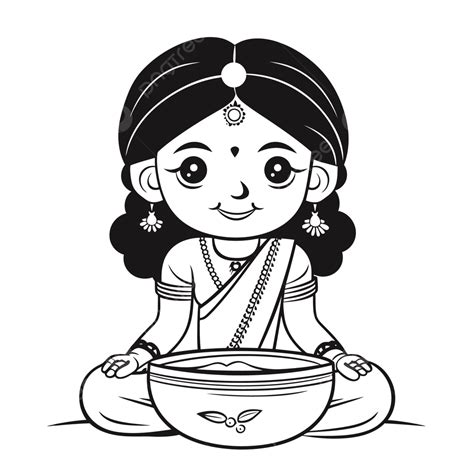 प्यारी हिंदू लड़की घी की कटोरी के साथ रेखाचित्र की रूपरेखा तैयार करती