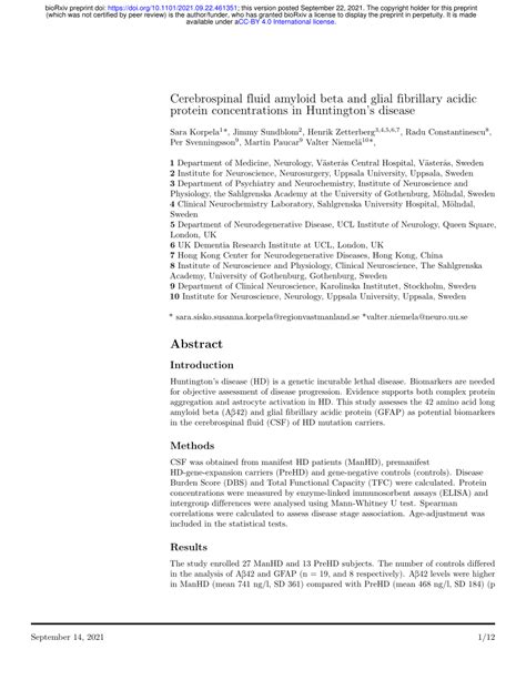 Pdf Cerebrospinal Fluid Amyloid Beta And Glial Fibrillary Acidic