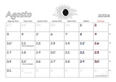Calendário Agosto 2026 Brasil Pdfs Gratuitos Para Imprimir