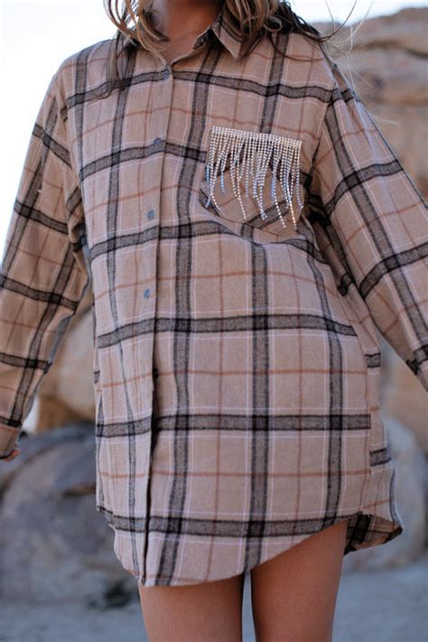 Gb Original Rhinestone Fringe Flannel In Camel