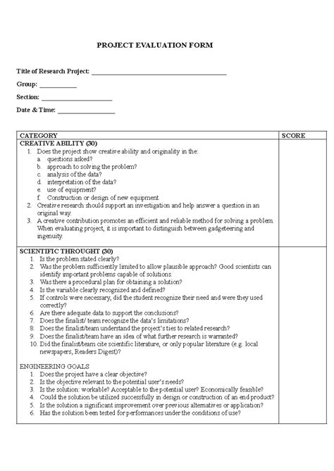 Project Evaluation Form Project Evaluation Form Title Of Research