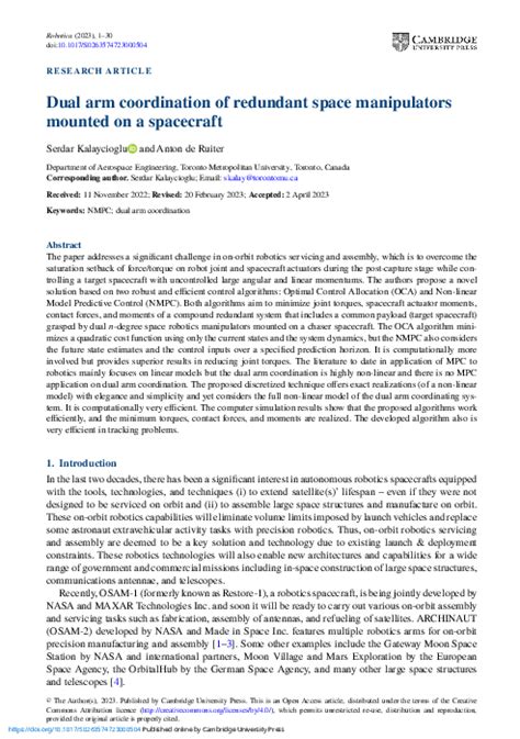 Pdf Dual Arm Coordination Of Redundant Space Manipulators Mounted On A Spacecraft