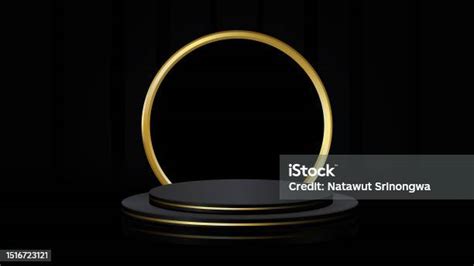 추상 3d 블랙 스탠드 연단 황금 반지 배경 제품 디스플레이 프레젠테이션을 위한 어두운 최소 벽 장면 벡터 기하학 0명에 대한 스톡 벡터 아트 및 기타 이미지 Istock