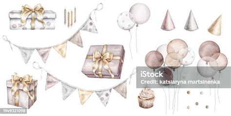 생일 축하 수채화 세트입니다 고립 된 배경에 귀여운 파스텔 핑크와 골드 색상의 베이비 샤워를위한 선물 상자 화환 및 케이크와 손으로 그린 컬렉션 파티를 위한 선물이 있는