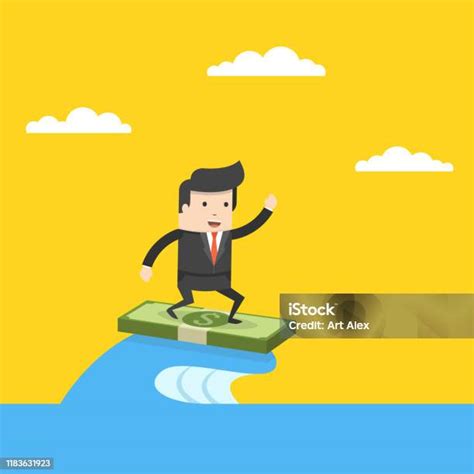 파도에 서핑 사업가 비즈니스 성공 도전 위험 용기의 상징 플랫 만화 스타일입니다 벡터 그림입니다 개념에 대한 스톡 벡터 아트 및 기타 이미지 Istock