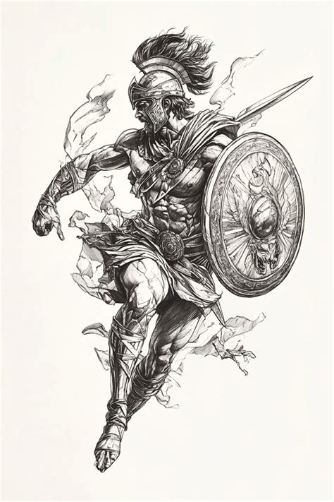 A Mythological Tattoo Design Of Achilles In Battle Sketched In Black