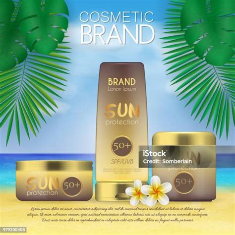 이국적인 야자수와 해변 배경에 여름 선크림 화장품 디자인 서식 파일 나뭇잎 3d 현실 태양 보호와 제품 광고입니다 3차원 형태에 대한 스톡 벡터 아트 및 기타 이미지