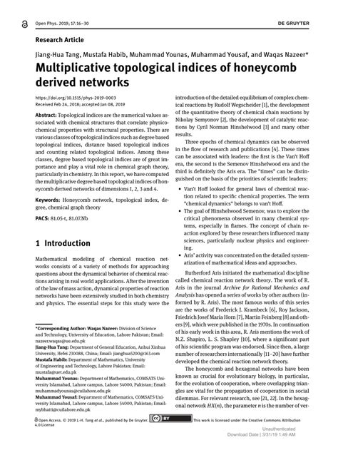 Pdf Multiplicative Topological Indices Of Honeycomb Derived Networks