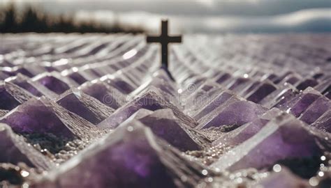 Surreal Scene Of Purple Crystal Landscape With Cross In The Background